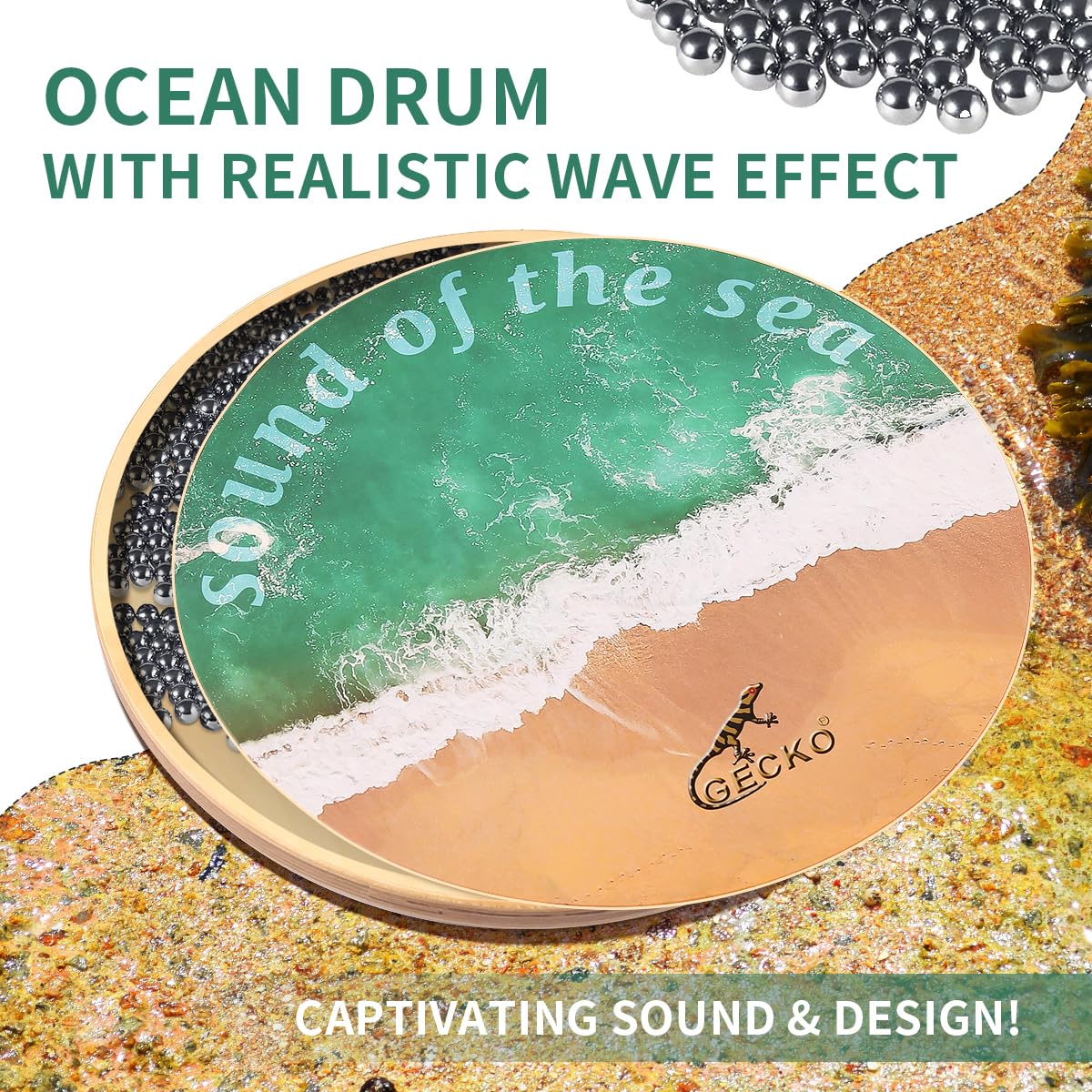 GECKO 14.6 Inch Ocean Drum | Birch Wood Frame with Beads | Versatile H